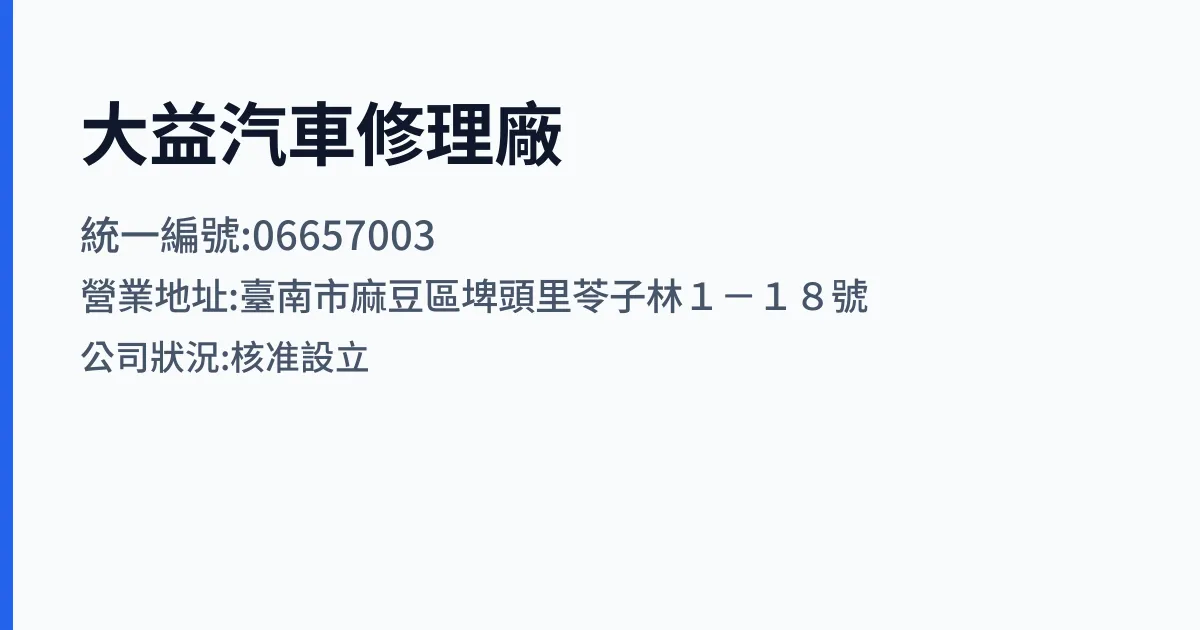 大益汽車修理廠 - 統編 06657003(臺南市) 公司登記資料與營業項目詳細圖表
