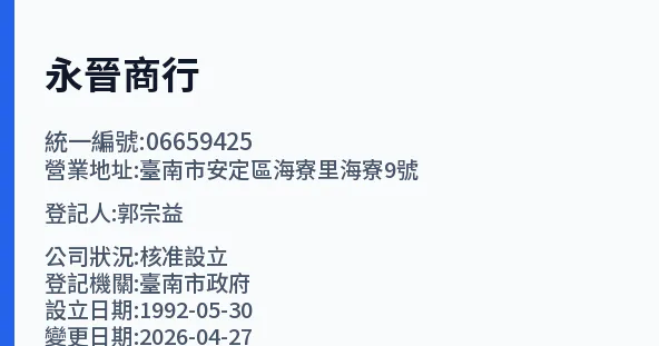 永晉商行的照片-統編 06659425(臺南市) 公司登記資料與營業項目詳細圖表