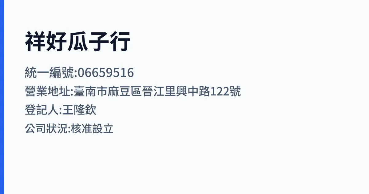 祥好瓜子行 - 統編 06659516(臺南市) 公司登記資料與營業項目詳細圖表