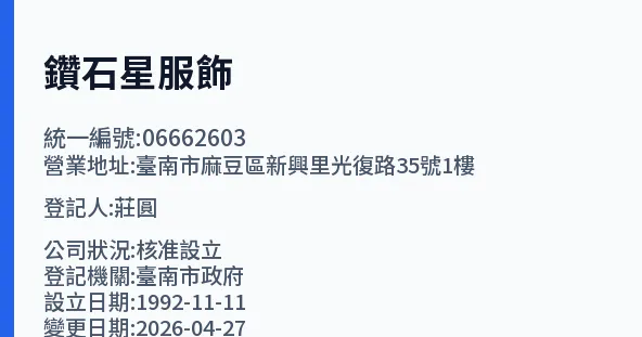 鑽石星服飾的照片-統編 06662603(臺南市) 公司登記資料與營業項目詳細圖表