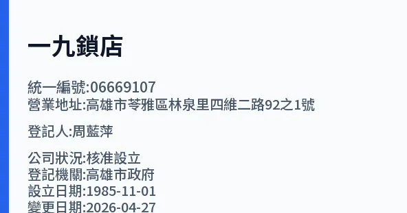 一九鎖店的照片-統編 06669107(高雄市) 公司登記資料與營業項目詳細圖表