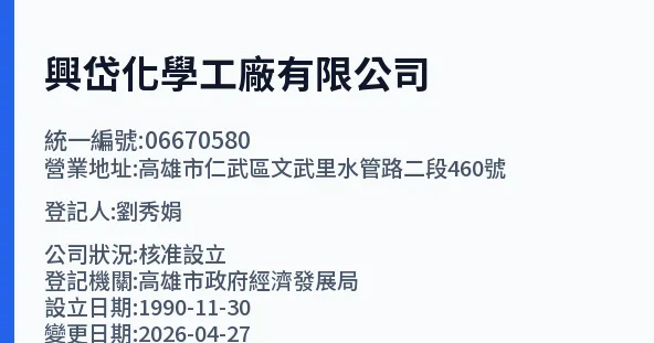 興岱化學工廠有限公司的照片-統編 06670580(高雄市) 公司登記資料與營業項目詳細圖表