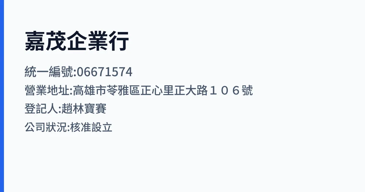 嘉茂企業行 - 統編 06671574(高雄市) 公司登記資料與營業項目詳細圖表