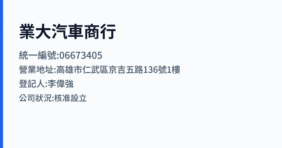 業大汽車商行 - 統編 06673405(高雄市) 公司登記資料與營業項目詳細圖表