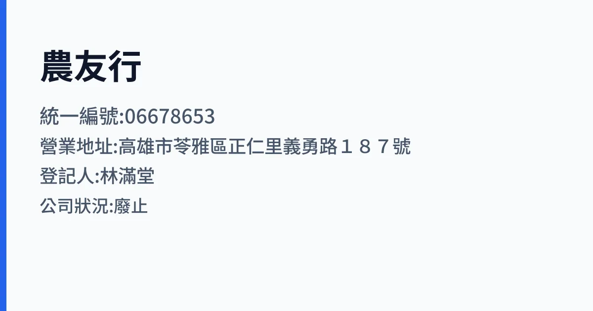 農友行 - 統編 06678653(高雄市) 公司登記資料與營業項目詳細圖表