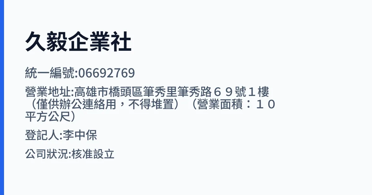 久毅企業社 - 統編 06692769(高雄市) 公司登記資料與營業項目詳細圖表