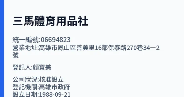 三馬體育用品社的照片-統編 06694823(高雄市) 公司登記資料與營業項目詳細圖表