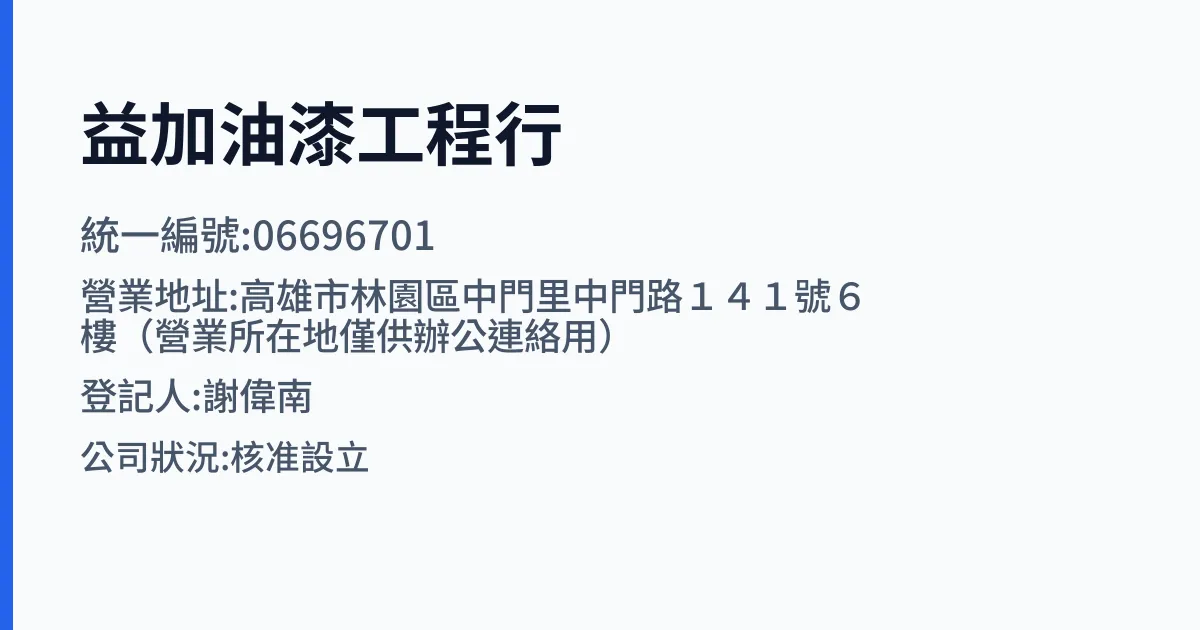益加油漆工程行 - 統編 06696701(高雄市) 公司登記資料與營業項目詳細圖表