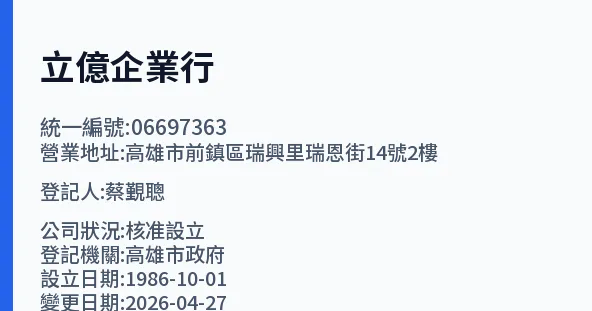 立億企業行的照片-統編 06697363(高雄市) 公司登記資料與營業項目詳細圖表