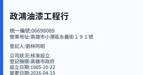 政鴻油漆工程行的照片-統編 06698089(高雄市) 公司登記資料與營業項目詳細圖表