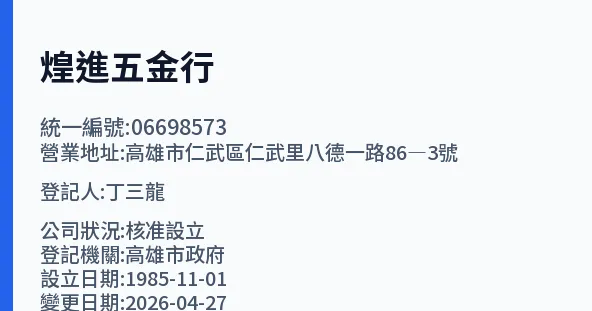 煌進五金行的照片-統編 06698573(高雄市) 公司登記資料與營業項目詳細圖表