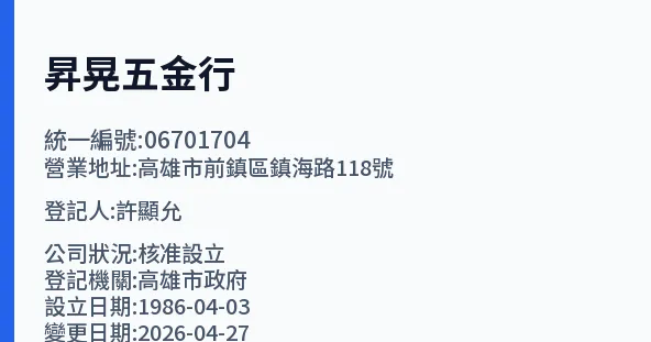 昇晃五金行的照片-統編 06701704(高雄市) 公司登記資料與營業項目詳細圖表