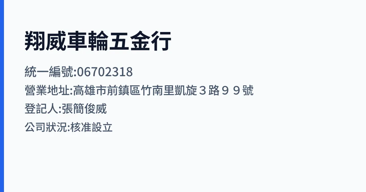 翔威車輪五金行 - 統編 06702318(高雄市) 公司登記資料與營業項目詳細圖表
