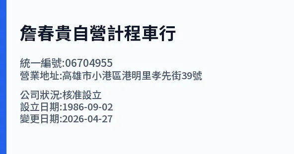 詹春貴自營計程車行的照片-統編 06704955(高雄市) 公司登記資料與營業項目詳細圖表