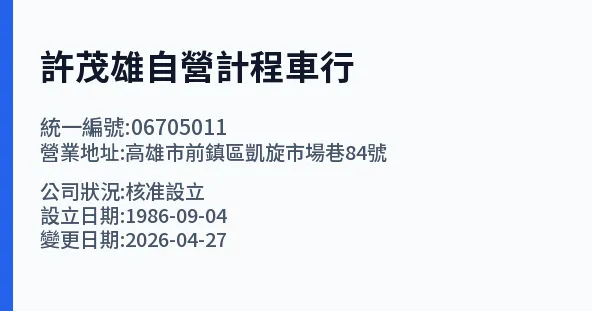 許茂雄自營計程車行的照片-統編 06705011(高雄市) 公司登記資料與營業項目詳細圖表