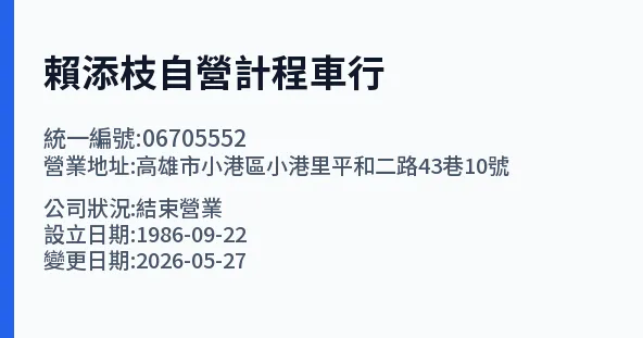 賴添枝自營計程車行的照片-統編 06705552(高雄市) 公司登記資料與營業項目詳細圖表