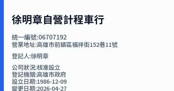 徐明章自營計程車行的照片-統編 06707192(高雄市) 公司登記資料與營業項目詳細圖表