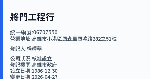 將門工程行的照片-統編 06707550(高雄市) 公司登記資料與營業項目詳細圖表