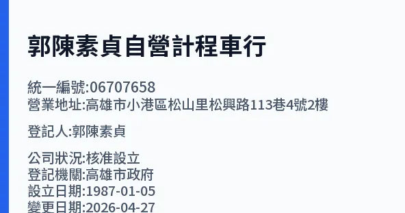 郭陳素貞自營計程車行的照片-統編 06707658(高雄市) 公司登記資料與營業項目詳細圖表