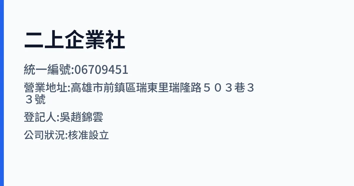 二上企業社 - 統編 06709451(高雄市) 公司登記資料與營業項目詳細圖表