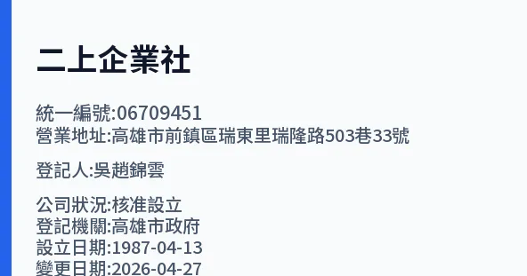 二上企業社的照片-統編 06709451(高雄市) 公司登記資料與營業項目詳細圖表