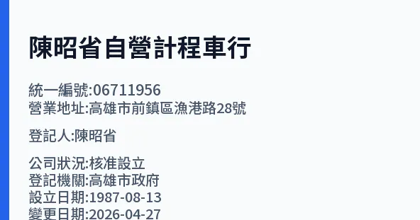 陳昭省自營計程車行的照片-統編 06711956(高雄市) 公司登記資料與營業項目詳細圖表
