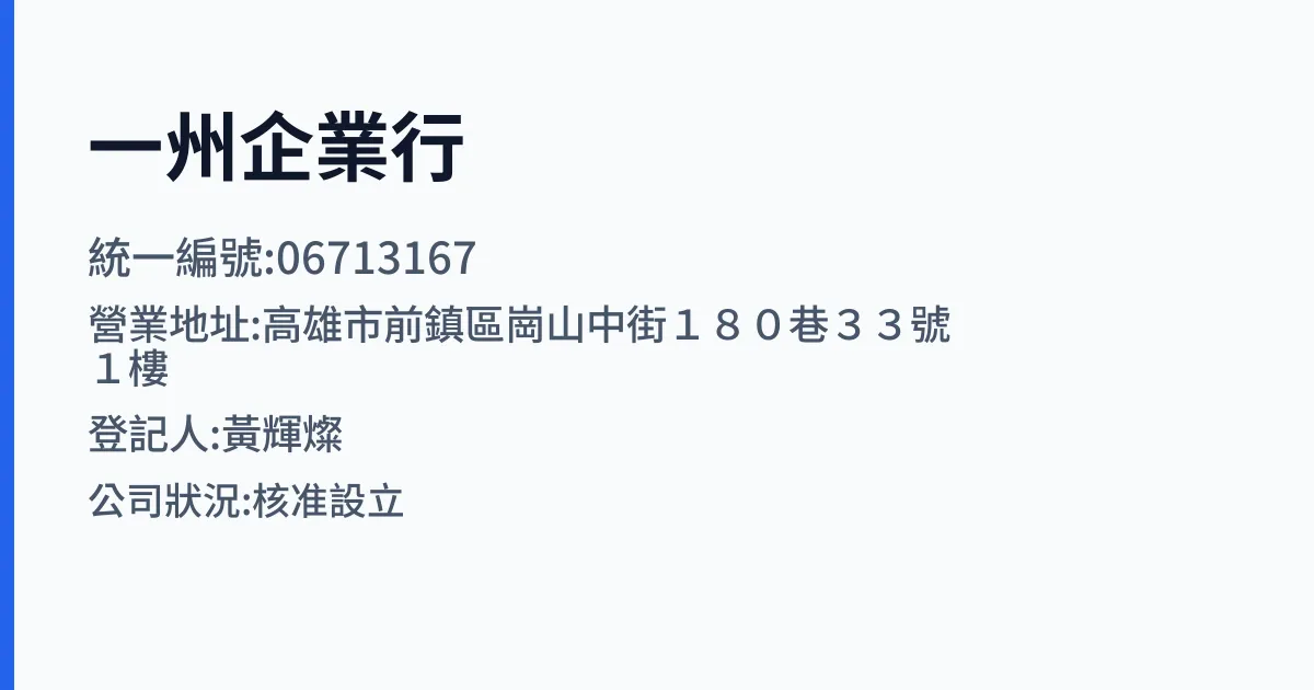 一州企業行 - 統編 06713167(高雄市) 公司登記資料與營業項目詳細圖表
