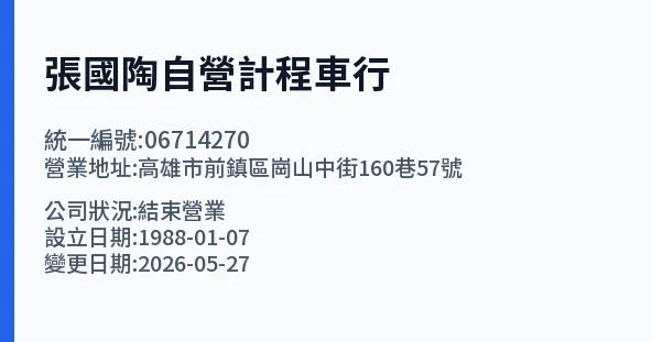 張國陶自營計程車行的照片-統編 06714270(高雄市) 公司登記資料與營業項目詳細圖表