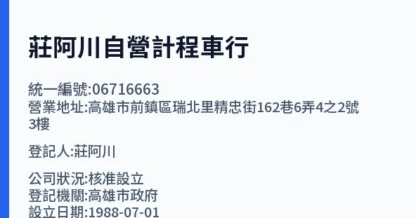 莊阿川自營計程車行的照片-統編 06716663(高雄市) 公司登記資料與營業項目詳細圖表