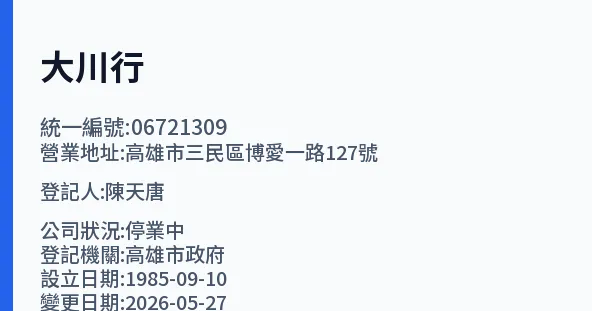 大川行的照片-統編 06721309(高雄市) 公司登記資料與營業項目詳細圖表