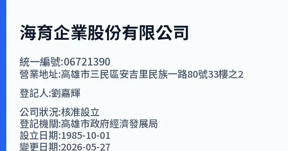 海育企業股份有限公司的照片-統編 06721390(高雄市) 公司登記資料與營業項目詳細圖表