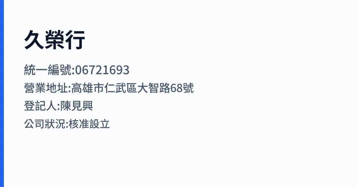 久榮行 - 統編 06721693(高雄市) 公司登記資料與營業項目詳細圖表