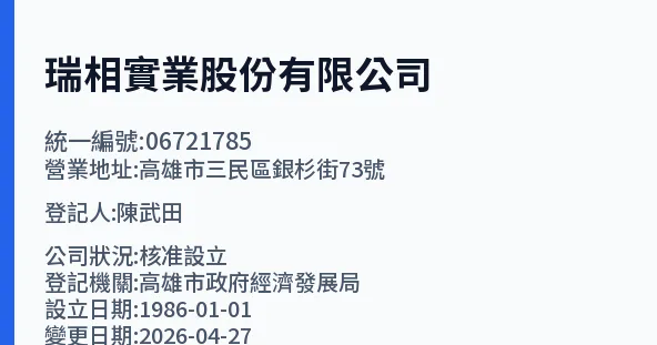 瑞相實業股份有限公司的照片-統編 06721785(高雄市) 公司登記資料與營業項目詳細圖表