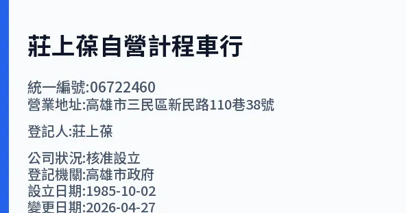 莊上葆自營計程車行的照片-統編 06722460(高雄市) 公司登記資料與營業項目詳細圖表