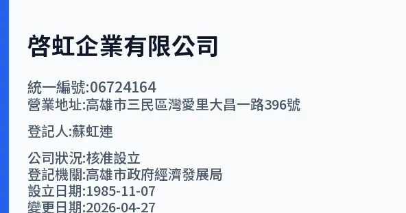 啓虹企業有限公司的照片-統編 06724164(高雄市) 公司登記資料與營業項目詳細圖表