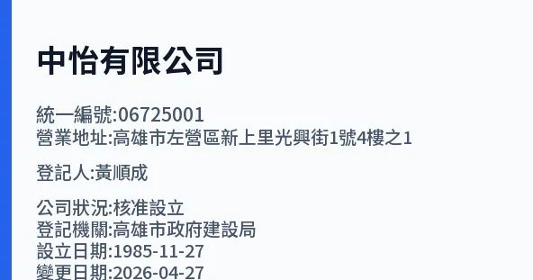 中怡有限公司的照片-統編 06725001(高雄市) 公司登記資料與營業項目詳細圖表