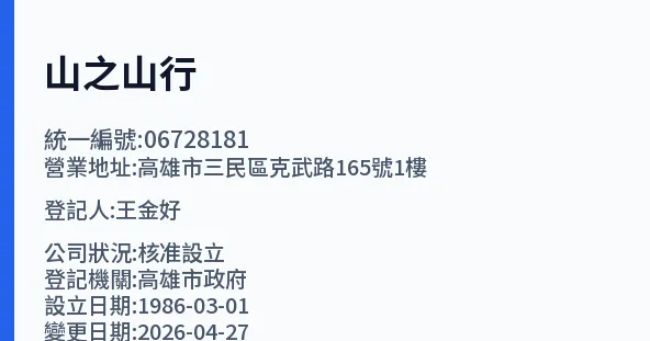 山之山行的照片-統編 06728181(高雄市) 公司登記資料與營業項目詳細圖表