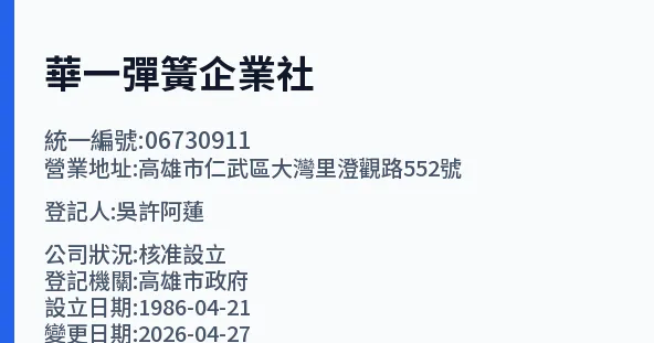 華一彈簧企業社的照片-統編 06730911(高雄市) 公司登記資料與營業項目詳細圖表