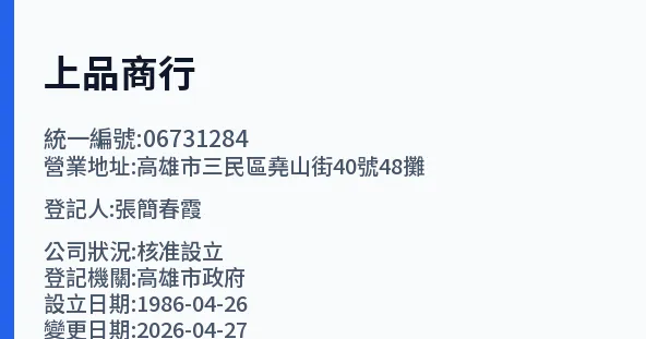 上品商行的照片-統編 06731284(高雄市) 公司登記資料與營業項目詳細圖表