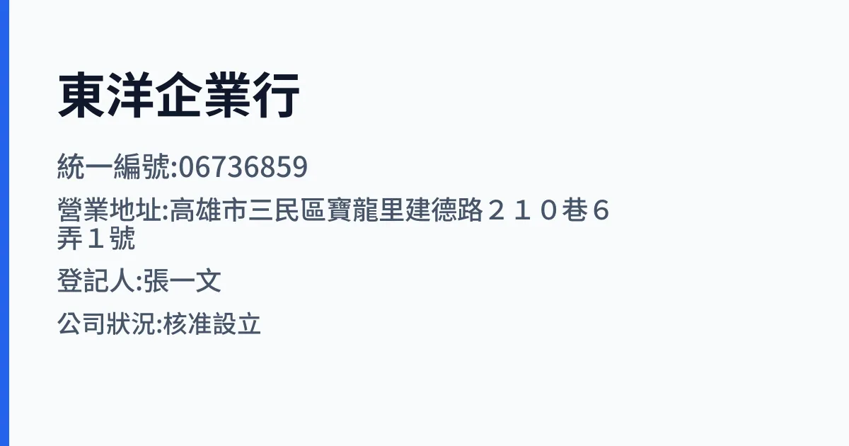 東洋企業行 - 統編 06736859(高雄市) 公司登記資料與營業項目詳細圖表