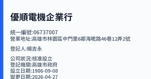 優順電機企業行的照片-統編 06737007(高雄市) 公司登記資料與營業項目詳細圖表