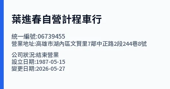 葉進春自營計程車行的照片-統編 06739455(高雄市) 公司登記資料與營業項目詳細圖表