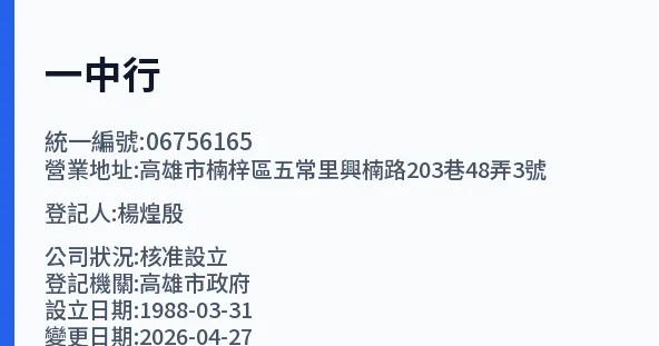 一中行的照片-統編 06756165(高雄市) 公司登記資料與營業項目詳細圖表