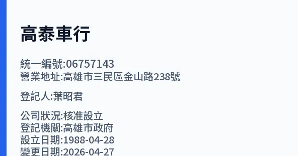 高泰車行的照片-統編 06757143(高雄市) 公司登記資料與營業項目詳細圖表