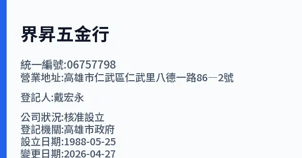 界昇五金行的照片-統編 06757798(高雄市) 公司登記資料與營業項目詳細圖表