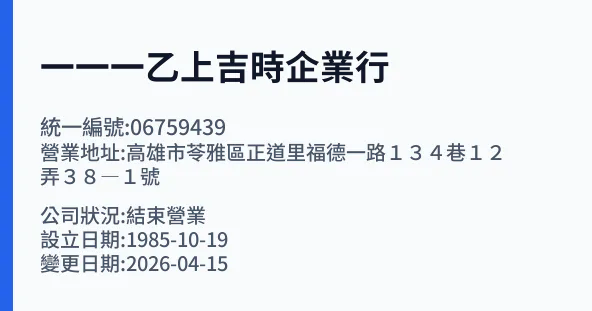 一一一乙上吉時企業行的照片-統編 06759439(高雄市) 公司登記資料與營業項目詳細圖表