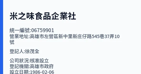 米之味食品企業社的照片-統編 06759901(高雄市) 公司登記資料與營業項目詳細圖表