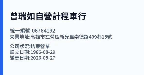 曾瑞如自營計程車行的照片-統編 06764192(高雄市) 公司登記資料與營業項目詳細圖表