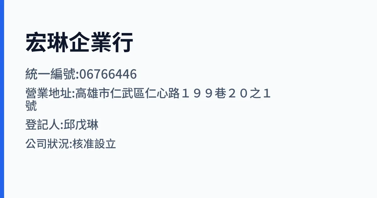 宏琳企業行 - 統編 06766446(高雄市) 公司登記資料與營業項目詳細圖表