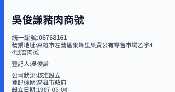 吳俊謙豬肉商號的照片-統編 06768161(高雄市) 公司登記資料與營業項目詳細圖表